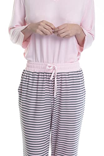 Hanes Women's Butter Knit 3/4 V-Neck Sleep Top and Pajama Pant Lounge & Sleep Set Pink/Stripe