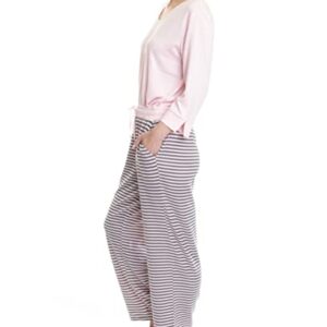 Hanes Women's Butter Knit 3/4 V-Neck Sleep Top and Pajama Pant Lounge & Sleep Set Pink/Stripe