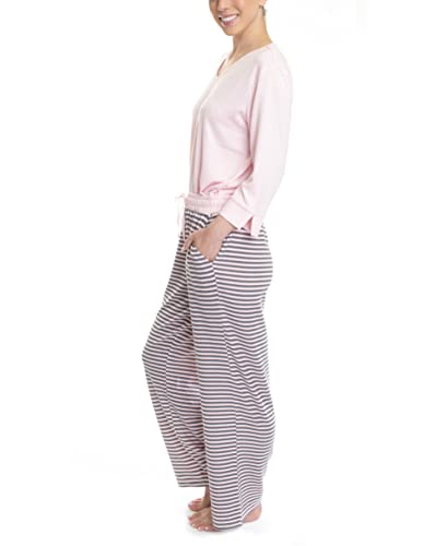 Hanes Women's Butter Knit 3/4 V-Neck Sleep Top and Pajama Pant Lounge & Sleep Set Pink/Stripe