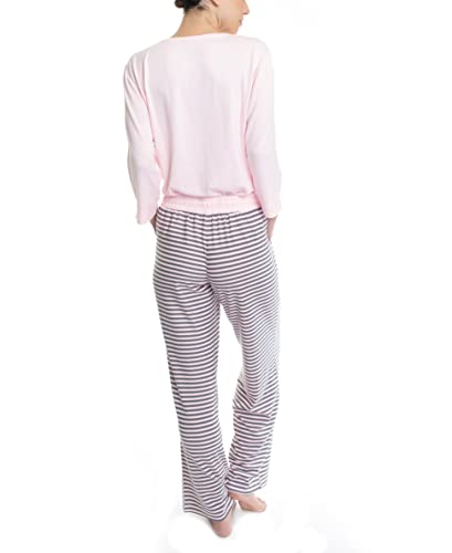 Hanes Women's Butter Knit 3/4 V-Neck Sleep Top and Pajama Pant Lounge & Sleep Set Pink/Stripe