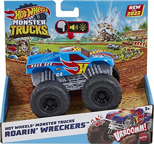 Hot Wheels Monster Trucks Roarin’ Wreckers, 1 1:43 Scale Truck with Lights & Sounds, Plays Truck's Theme Song, Toy for Kids 3 Years Old & Older