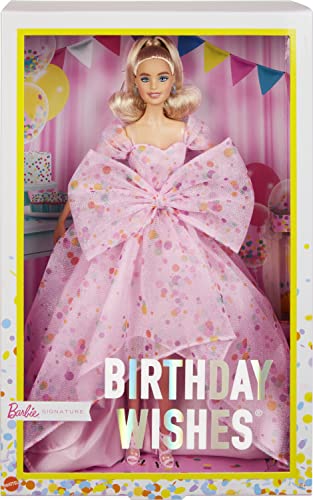 Barbie Signature Birthday Wishes Doll (11.5 in Blonde) Wearing Pink Tulle Gown & Shoes, with Customizable Packaging, Gift for 6 Year Olds & Up