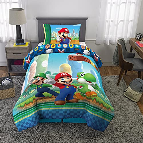 Franco Kids Bedding Super Soft Comforter and Sheet Set, 4 Piece Twin Size, Mario