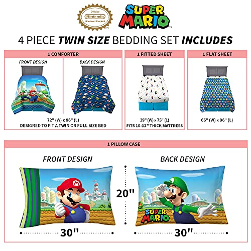 Franco Kids Bedding Super Soft Comforter and Sheet Set, 4 Piece Twin Size, Mario