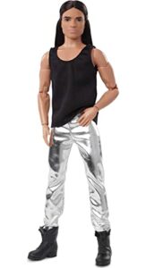 barbie signature barbie looks ken doll (long brunette hair) fully posable fashion doll wearing black tank top & metallic pants, gift for collectors