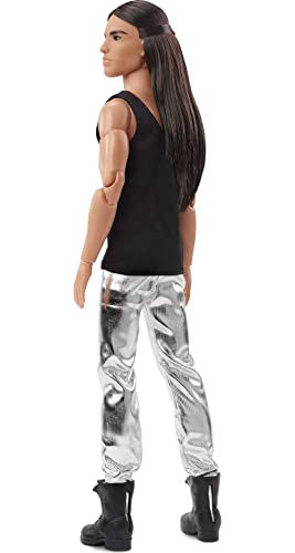 Barbie Signature Barbie Looks Ken Doll (Long Brunette Hair) Fully Posable Fashion Doll Wearing Black Tank Top & Metallic Pants, Gift for Collectors