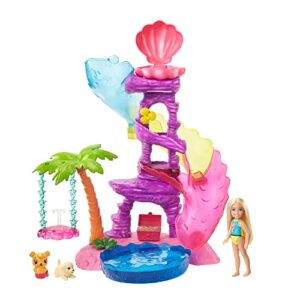 barbie dreamtopia chelsea water lagoon playset with chelsea doll (6 in blonde), 2 pets, slide, pool & swing, gift for 3 to 7 year olds