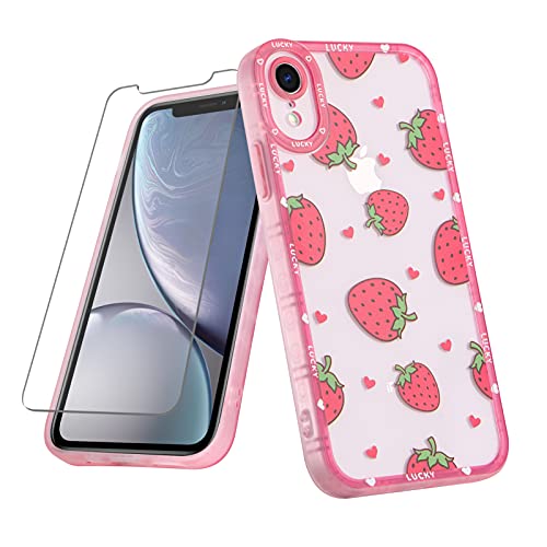 MZELQ Compatible with iPhone XR Case Red Strawberry Cute Pattern, Soft TPU iPhone XR Case for Girls Women + 1* Screen Protector, Camera Hole Protective for iPhone XR Case 6.1 inch