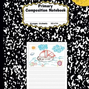 Primary Composition Notebook: Black Marble, Dotted Midline and Picture Space | Grades K-2 Composition School Exercise Book