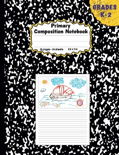 Primary Composition Notebook: Black Marble, Dotted Midline and Picture Space | Grades K-2 Composition School Exercise Book