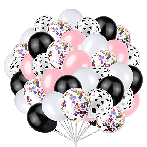 Bxxwin Cow Party Balloons Supplies, 12 Inch Cow Pattern Printed Balloons Black White Pink Latex Balloons Confetti Balloons Set for Kids Birthday Baby Shower Party (60PCS)