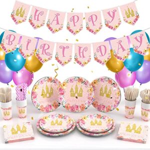 Princess Party Decorations, 145 PCS Princess Birthday Decorations, Princess Birthday Party Supplies Includes Princess Banner Paper Plates and Napkins Cups Balloons