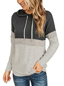 butgood women's color block hoodies fall long sleeve sweatshirt casual drawstring pullover tops striped tunic shirts dark grey