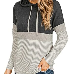 Butgood Women's Color Block Hoodies Fall Long Sleeve Sweatshirt Casual Drawstring Pullover Tops Striped Tunic Shirts Dark Grey