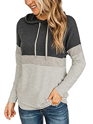 Butgood Women's Color Block Hoodies Fall Long Sleeve Sweatshirt Casual Drawstring Pullover Tops Striped Tunic Shirts Dark Grey