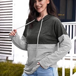 Butgood Women's Color Block Hoodies Fall Long Sleeve Sweatshirt Casual Drawstring Pullover Tops Striped Tunic Shirts Dark Grey