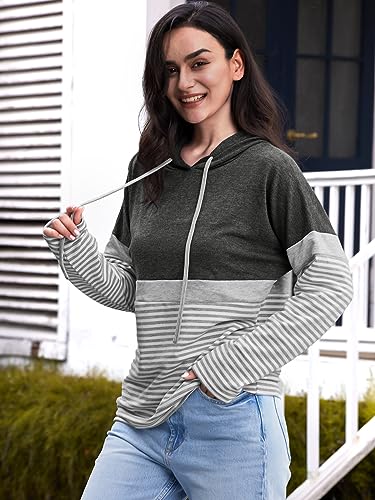 Butgood Women's Color Block Hoodies Fall Long Sleeve Sweatshirt Casual Drawstring Pullover Tops Striped Tunic Shirts Dark Grey