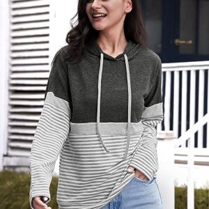 Butgood Women's Color Block Hoodies Fall Long Sleeve Sweatshirt Casual Drawstring Pullover Tops Striped Tunic Shirts Dark Grey