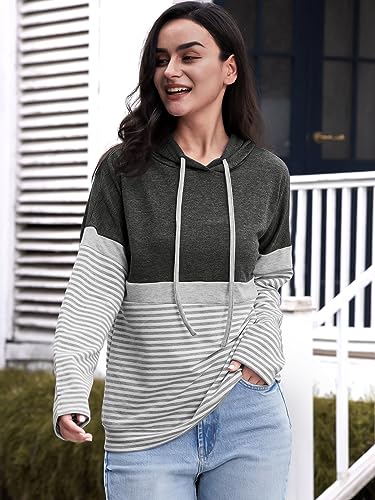 Butgood Women's Color Block Hoodies Fall Long Sleeve Sweatshirt Casual Drawstring Pullover Tops Striped Tunic Shirts Dark Grey