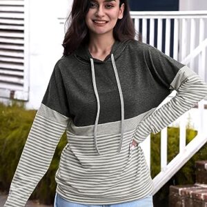 Butgood Women's Color Block Hoodies Fall Long Sleeve Sweatshirt Casual Drawstring Pullover Tops Striped Tunic Shirts Dark Grey