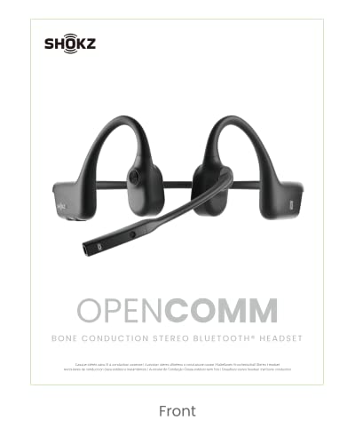 SHOKZ (AfterShokz OpenComm - Bone Conduction Open-Ear Stereo Bluetooth Headset with Noise-Canceling Boom Microphone - Wireless Headset for Mobile Use, with Bookmark