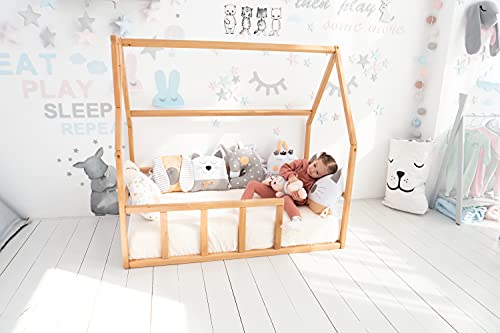 BUSYWOOD House Bed for Kids - Toddler Bed - Platform Bed Frame - Montessori Floor Bed - Full Size Bed - Queen Bedframe, Natural Wood (FLOOR BED FOR SLEEPING ONLY)