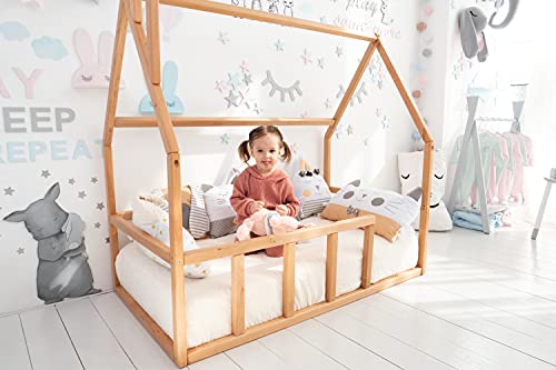 BUSYWOOD House Bed for Kids - Toddler Bed - Platform Bed Frame - Montessori Floor Bed - Full Size Bed - Queen Bedframe, Natural Wood (FLOOR BED FOR SLEEPING ONLY)