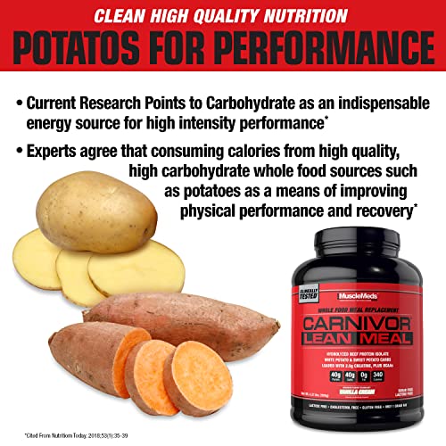 MuscleMeds CARNIVOR LEAN MEAL whole food meal replacement shake, MRE, beef protein isolate, white potato, sweet potato, 40g protein, 40 g carbs, lactose free, sugar free, Vanilla Cream 20 servings