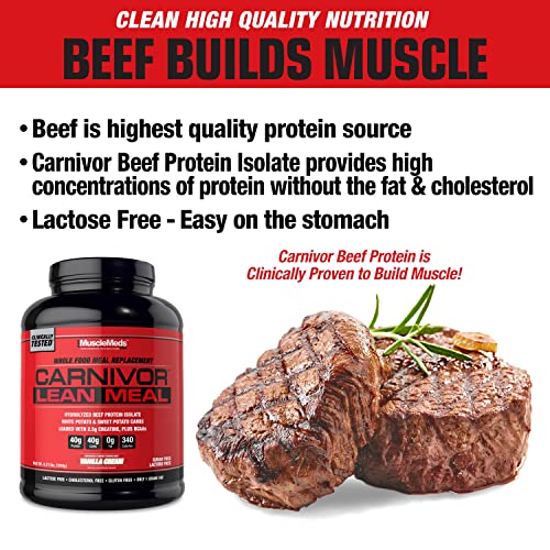 MuscleMeds CARNIVOR LEAN MEAL whole food meal replacement shake, MRE, beef protein isolate, white potato, sweet potato, 40g protein, 40 g carbs, lactose free, sugar free, Vanilla Cream 20 servings