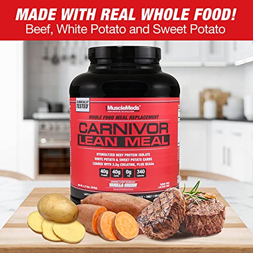 MuscleMeds CARNIVOR LEAN MEAL whole food meal replacement shake, MRE, beef protein isolate, white potato, sweet potato, 40g protein, 40 g carbs, lactose free, sugar free, Vanilla Cream 20 servings