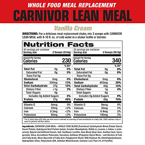 MuscleMeds CARNIVOR LEAN MEAL whole food meal replacement shake, MRE, beef protein isolate, white potato, sweet potato, 40g protein, 40 g carbs, lactose free, sugar free, Vanilla Cream 20 servings