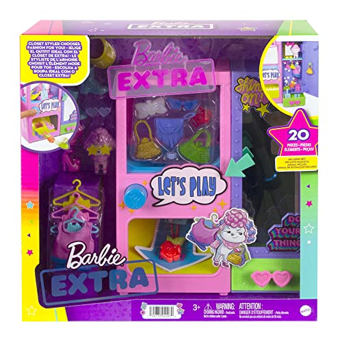 Barbie Extra Surprise Fashion Playset with 20 Pieces Including Pet Poodle, Closet and Push-Button Feature That Dispenses Fashion Accessories, Gift for 3 Year Olds & Up