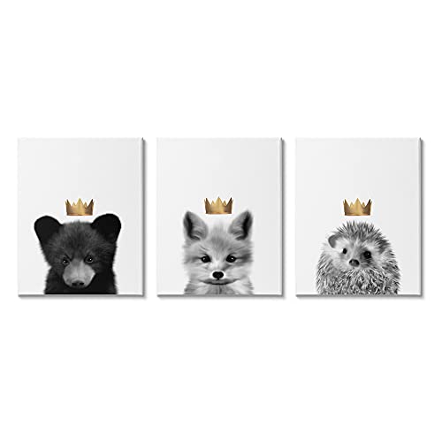 Stupell Industries Woodland Animals Bold Crowns Black Bear Fox Hedgehog, Designed by Leah Straatsma Canvas Wall Art, 3pc, Each 24 x 30