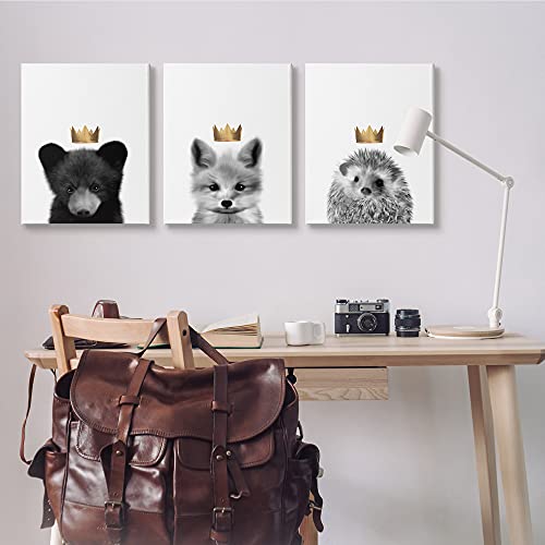 Stupell Industries Woodland Animals Bold Crowns Black Bear Fox Hedgehog, Designed by Leah Straatsma Canvas Wall Art, 3pc, Each 24 x 30