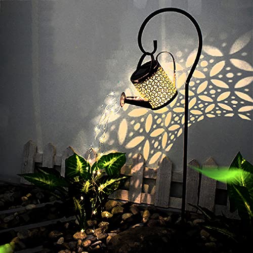 BB&UU Metal Garden Stake Lights,Outdoor Solar Garden Lights,Pathway Hollow Watering Can Solar Light,Decorative Fairy String Light Art Hanging Kettle Lantern-A 15.5x80cm(6x31inch)