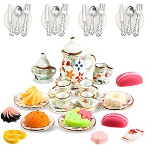 41 pieces 1:12 scale miniatures dollhouse kitchen accessories 15 porcelain tea cup 16 mini doll plate knife fork spoon 10 miniature decor dessert pastry cake table decor for cook party (chic style)