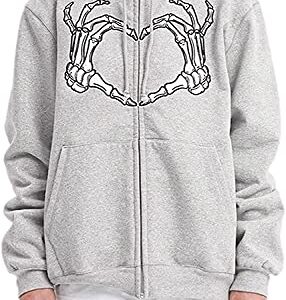 Women Men Oversized Zip Up Sweatshirt Hoodie Jacket Halloween Skeleton Print Coat Aesthetic Streetwear Top Gray