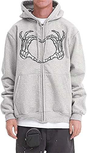 Women Men Oversized Zip Up Sweatshirt Hoodie Jacket Halloween Skeleton Print Coat Aesthetic Streetwear Top Gray