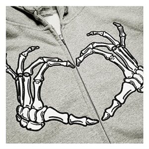 Women Men Oversized Zip Up Sweatshirt Hoodie Jacket Halloween Skeleton Print Coat Aesthetic Streetwear Top Gray