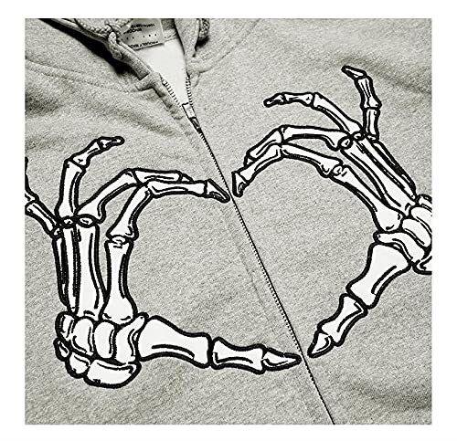 Women Men Oversized Zip Up Sweatshirt Hoodie Jacket Halloween Skeleton Print Coat Aesthetic Streetwear Top Gray