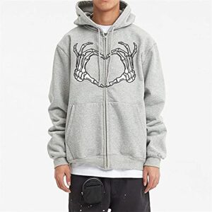 Women Men Oversized Zip Up Sweatshirt Hoodie Jacket Halloween Skeleton Print Coat Aesthetic Streetwear Top Gray