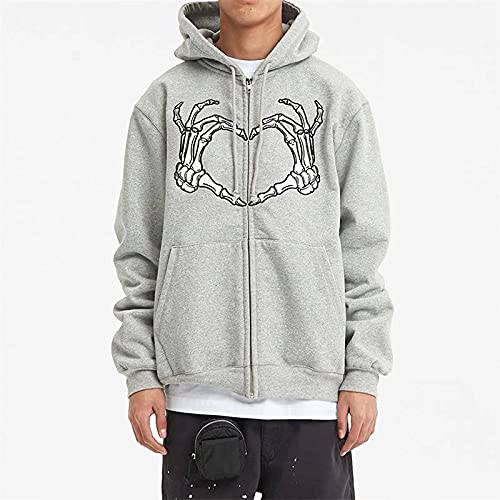 Women Men Oversized Zip Up Sweatshirt Hoodie Jacket Halloween Skeleton Print Coat Aesthetic Streetwear Top Gray