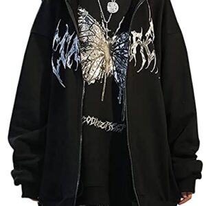 MISSACTIVER Women’s Casual Graphic Printed Hoodies Oversized Zip Up 90S E-Girl Streetwear Grunge Jacket Black