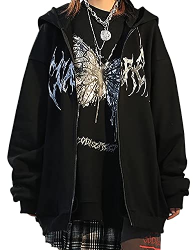 MISSACTIVER Women’s Casual Graphic Printed Hoodies Oversized Zip Up 90S E-Girl Streetwear Grunge Jacket Black