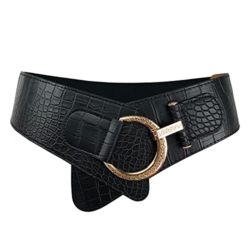 JOYMIN Women's Fashion Vintage 2.8" Wide Elastic Stretch Waist Belt With Interlock Buckle Crocodile Embossed Classic Leather Belt，Black