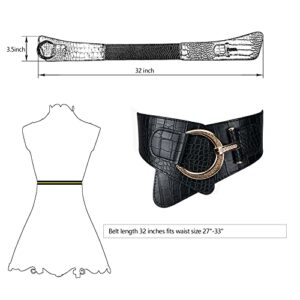 JOYMIN Women's Fashion Vintage 2.8" Wide Elastic Stretch Waist Belt With Interlock Buckle Crocodile Embossed Classic Leather Belt，Black