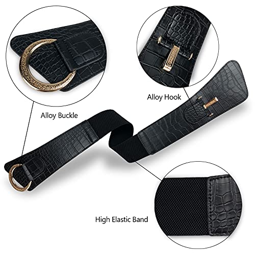 JOYMIN Women's Fashion Vintage 2.8" Wide Elastic Stretch Waist Belt With Interlock Buckle Crocodile Embossed Classic Leather Belt，Black