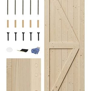 WINSOON 30in x 84 in Sliding Barn Door Interior Paneled Slab, DIY Unfinished Barn Doors Solid Spruce Wood, K Frame Planks, Pre-Drilled, Bottom Grooved, Easy to Install, Natural