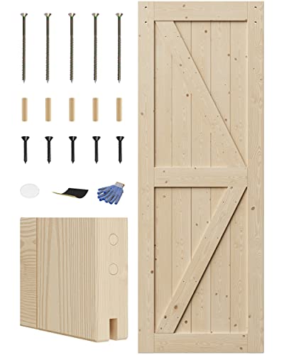 WINSOON 30in x 84 in Sliding Barn Door Interior Paneled Slab, DIY Unfinished Barn Doors Solid Spruce Wood, K Frame Planks, Pre-Drilled, Bottom Grooved, Easy to Install, Natural