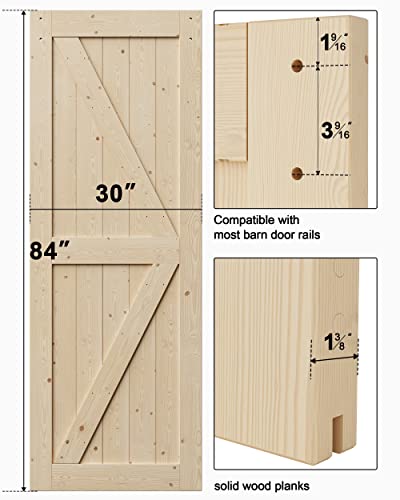 WINSOON 30in x 84 in Sliding Barn Door Interior Paneled Slab, DIY Unfinished Barn Doors Solid Spruce Wood, K Frame Planks, Pre-Drilled, Bottom Grooved, Easy to Install, Natural